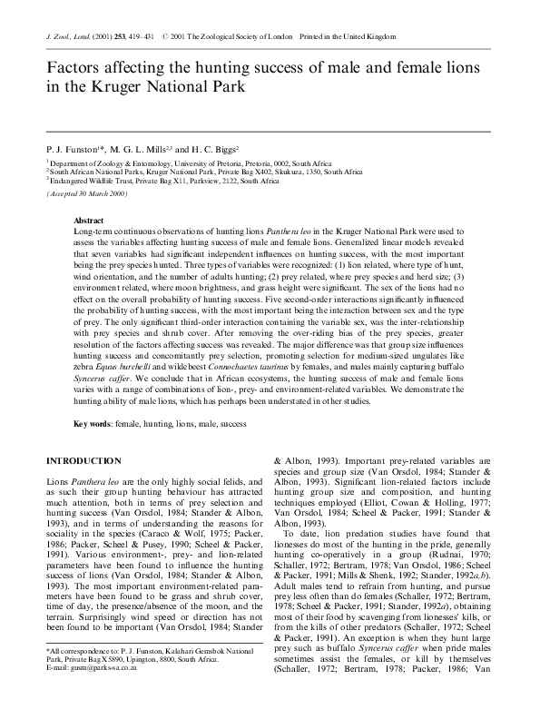 (PDF) Factors affecting the hunting success of male and female lions in ...