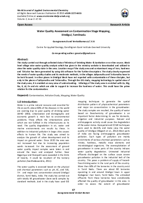 (PDF) Water Quality Assessment on Contamination Stage Mapping, Dindigul ...