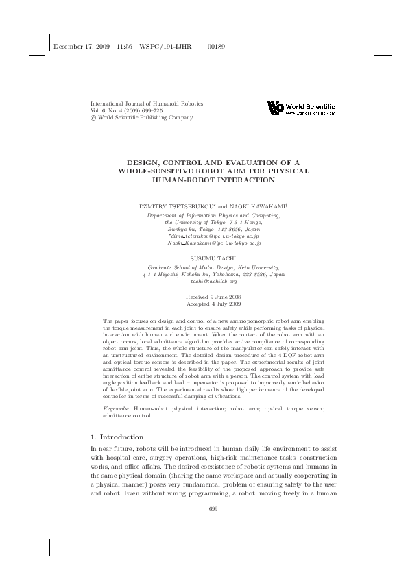 (PDF) DESIGN, CONTROL AND EVALUATION OF A WHOLE-SENSITIVE ROBOT ARM FOR PHYSICAL HUMAN-ROBOT ...