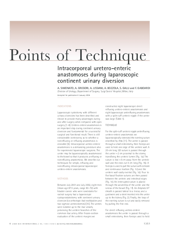 (PDF) Intracorporeal uretero-enteric anastomoses during laparoscopic ...
