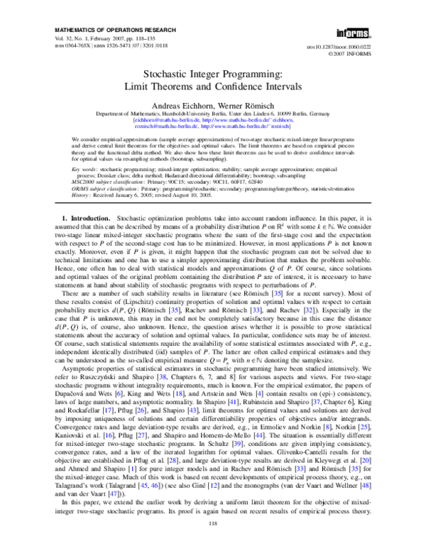 Pdf Stochastic Integer Programming Limit Theorems And Confidence Intervals
