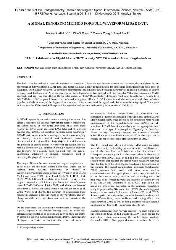 (PDF) A SIGNAL DENOISING METHOD FOR FULL-WAVEFORM LIDAR DATA