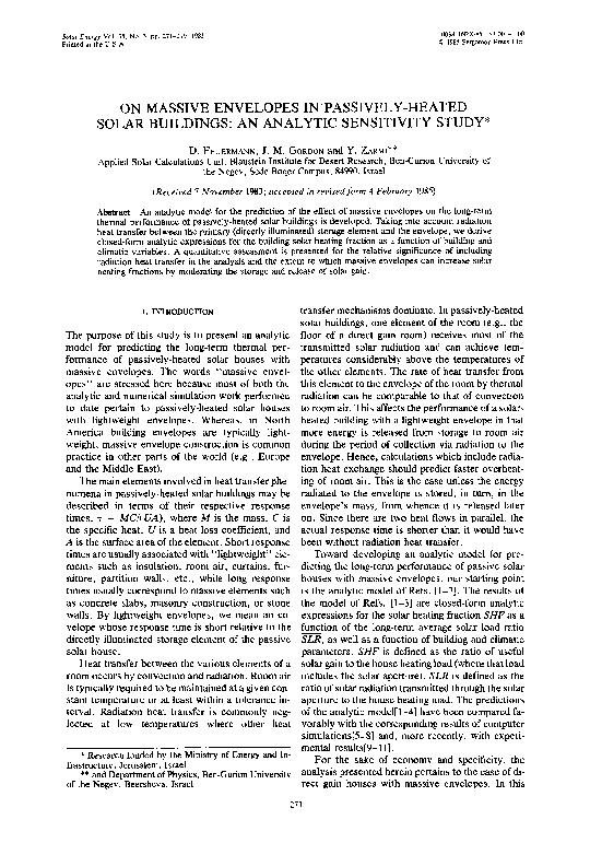 ON MASSIVE ENVELOPES IN PASSIVELY-HEATED SOLAR BUILDINGS: AN ANALYTIC ...