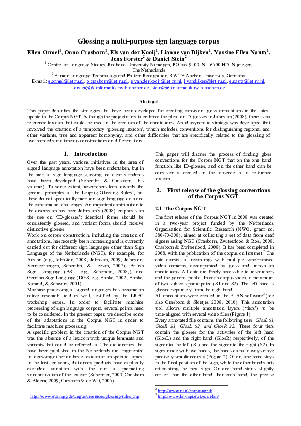 (PDF) Glossing a multi-purpose sign language corpus | Ellen Ormel ...