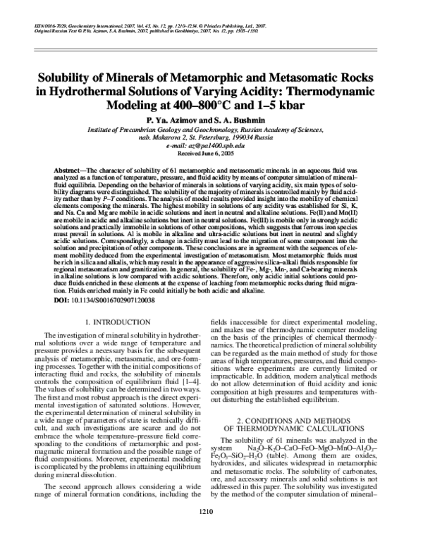 (PDF) Solubility of minerals of metamorphic and metasomatic rocks in ...