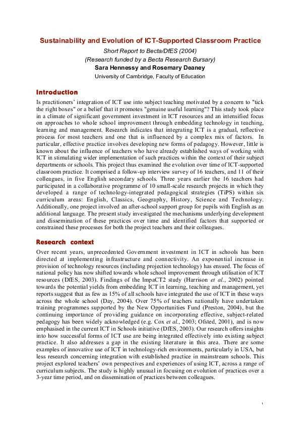 (PDF) Sustainability and Evolution of ICT-Supported Classroom Practice ...