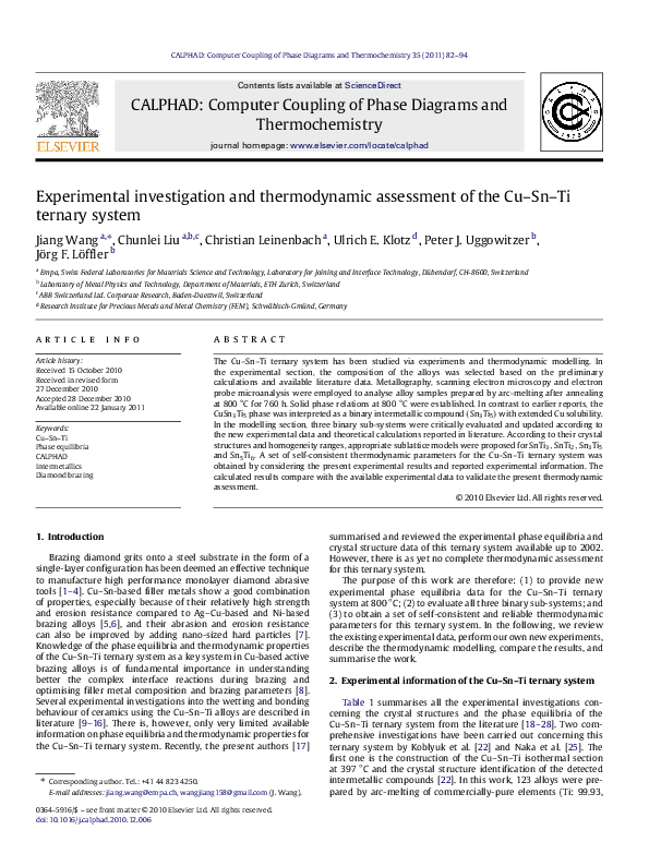 (PDF) Experimental investigation and thermodynamic assessment of the Cu–Sn–Ti ternary system