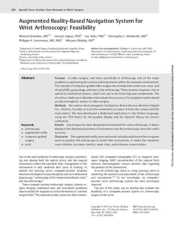 (PDF) Augmented Reality-Based Navigation System for Wrist Arthroscopy: Feasibility