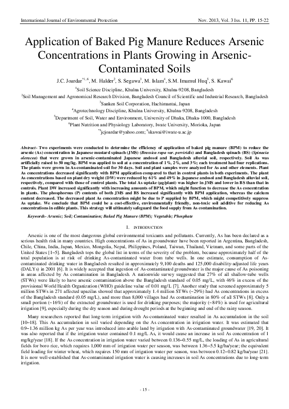 (PDF) Application of Baked Pig Manure Reduces Arsenic Concentrations in Plants Growing in ...