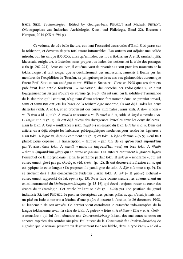 (PDF) Review of Emil SIEG, Tocharologica. Edited by Georges-Jean ...