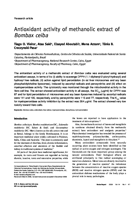(PDF) Antioxidant activity of methanolic extract of Bombax ceiba
