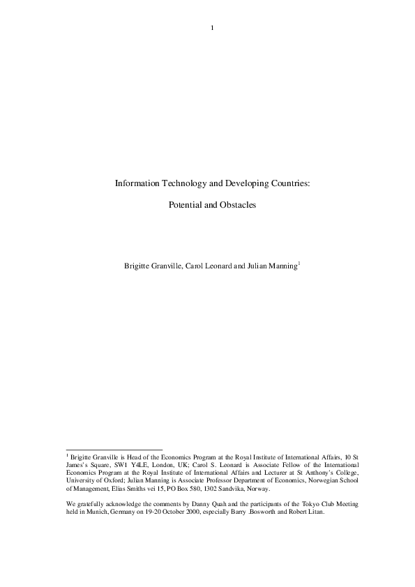 (PDF) Information technology and developing countries: Potential and obstacles