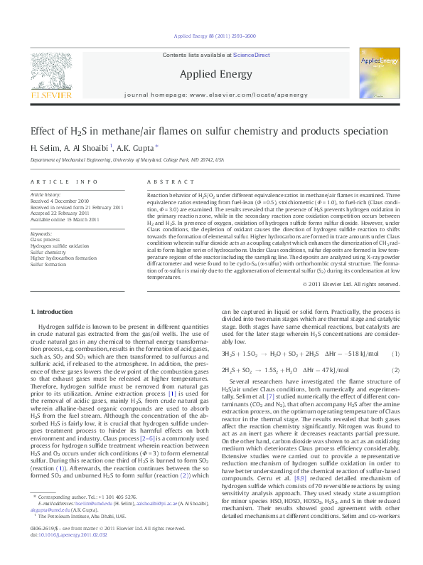 (PDF) Effect of H2S in methane/air flames on sulfur chemistry and ...