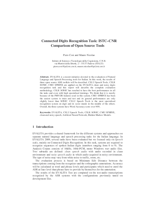 (PDF) Connected Digits Recognition Task: ISTC–CNR Comparison of Open Source Tools | Mauro ...