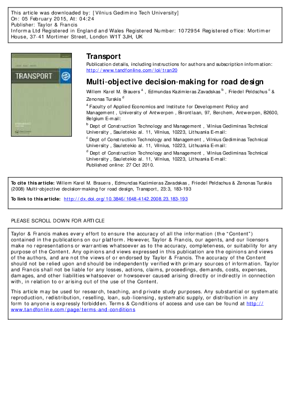 Pdf Multi Objective Optimization Of Road Design Alternatives With An Application Of The Moora