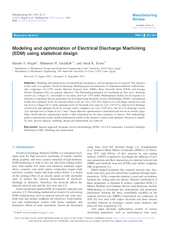 (PDF) Modeling and Optimization of Electric Discharge Machining using Statistical Design