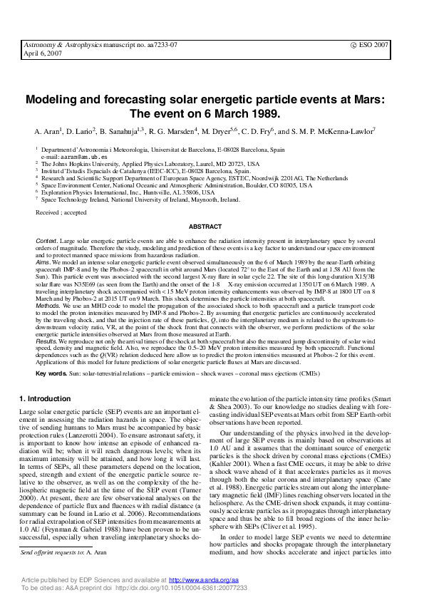 Pdf Modeling And Forecasting Solar Energetic Particle Events At Mars The Event On 6 March 1989