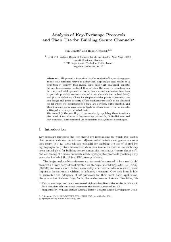(PDF) Analysis of Key-Exchange Protocols and Their Use for Building Secure Channels