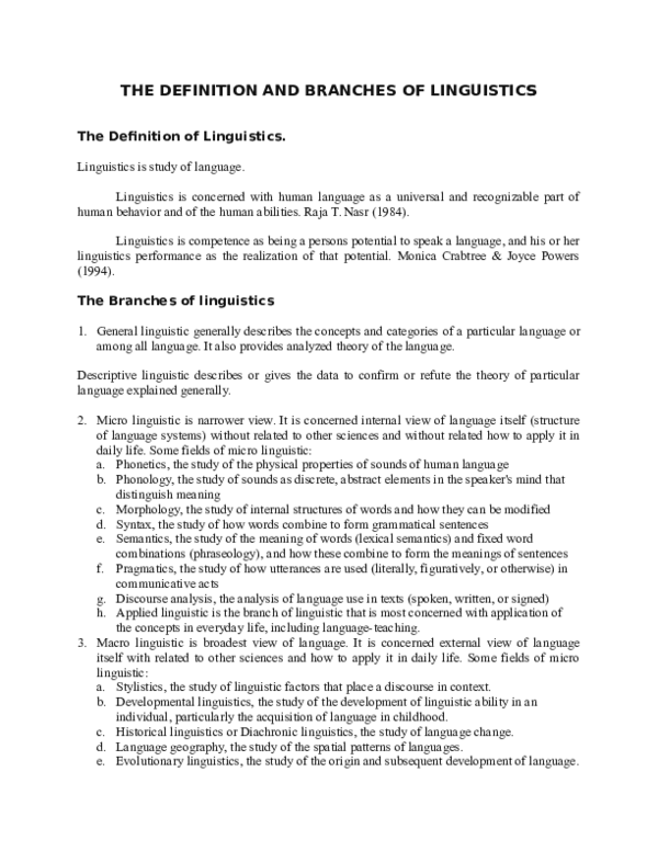 (DOC) THE DEFINITION AND BRANCHES OF LINGUISTICs