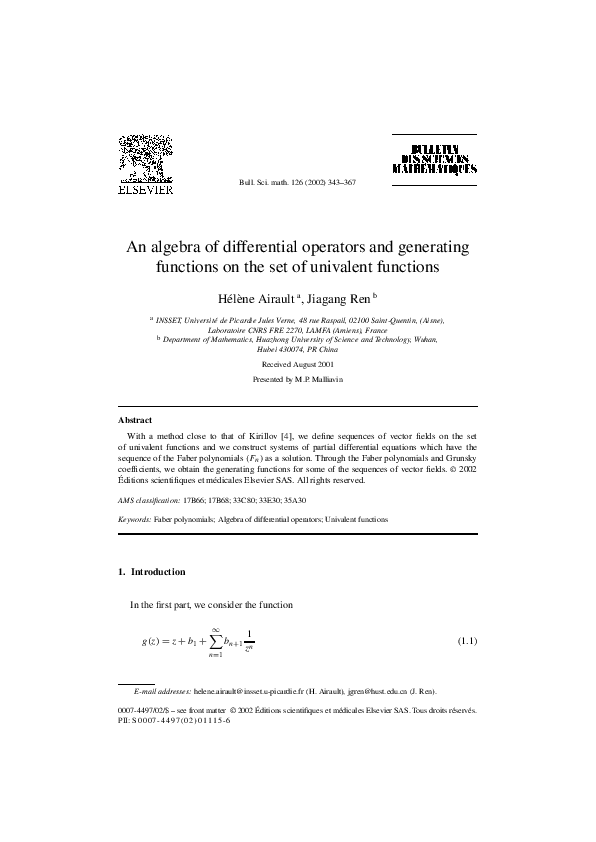 (PDF) An algebra of differential operators and generating functions on the set of univalent ...