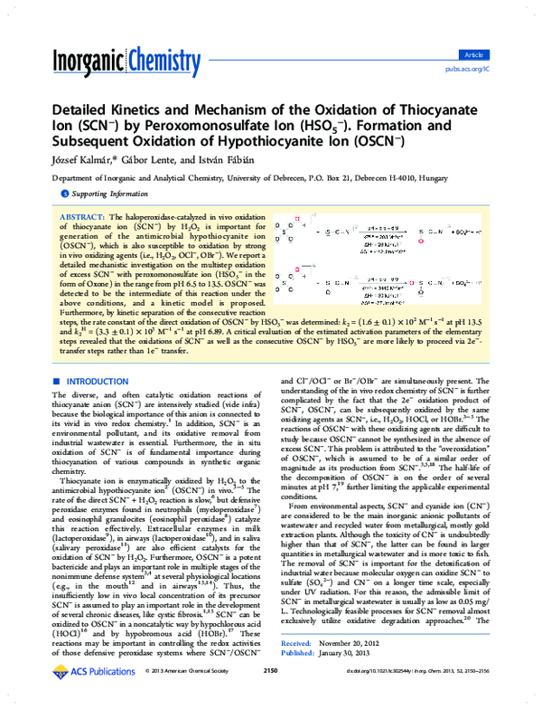 Detailed Kinetics and Mechanism of the Oxidation of Thiocyanate Ion ...