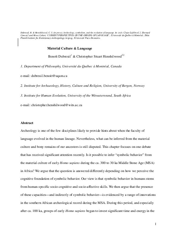 (PDF) Dubreuil, B. & Henshilwood, C. S. 2013. Material culture and ...