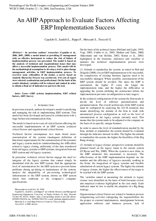 (PDF) An AHP Approach to Evaluate Factors Affecting ERP Implementation ...