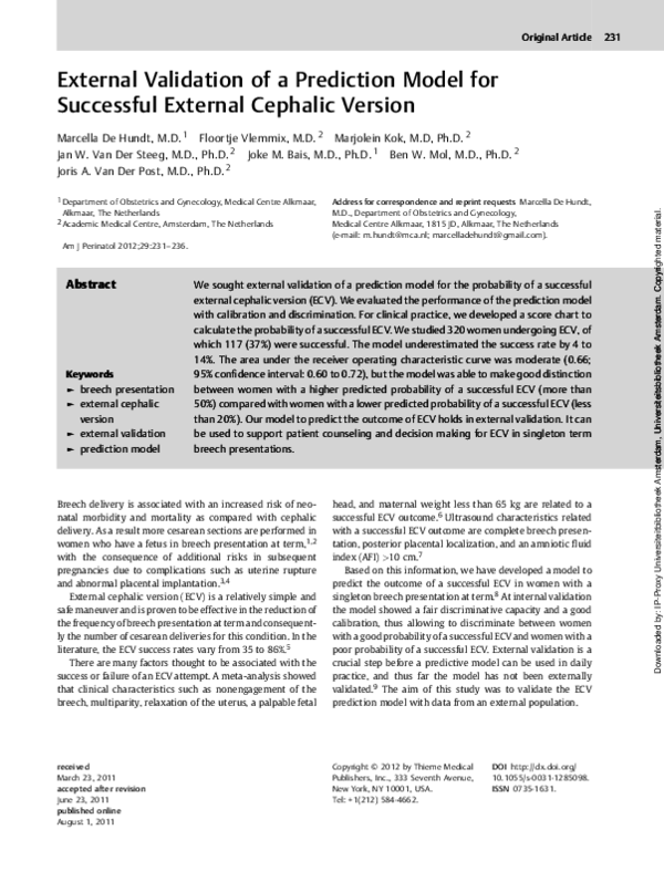 Pdf External Validation Of A Prediction Model For Successful External