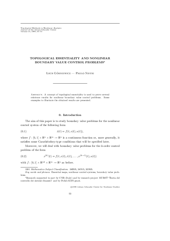 Pdf Topological Essentiality And Nonlinear Boundary Value Control