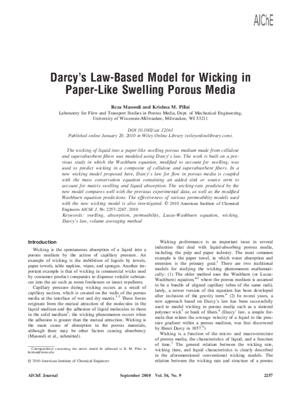 (PDF) Darcy's law-based model for wicking in paper-like swelling porous ...