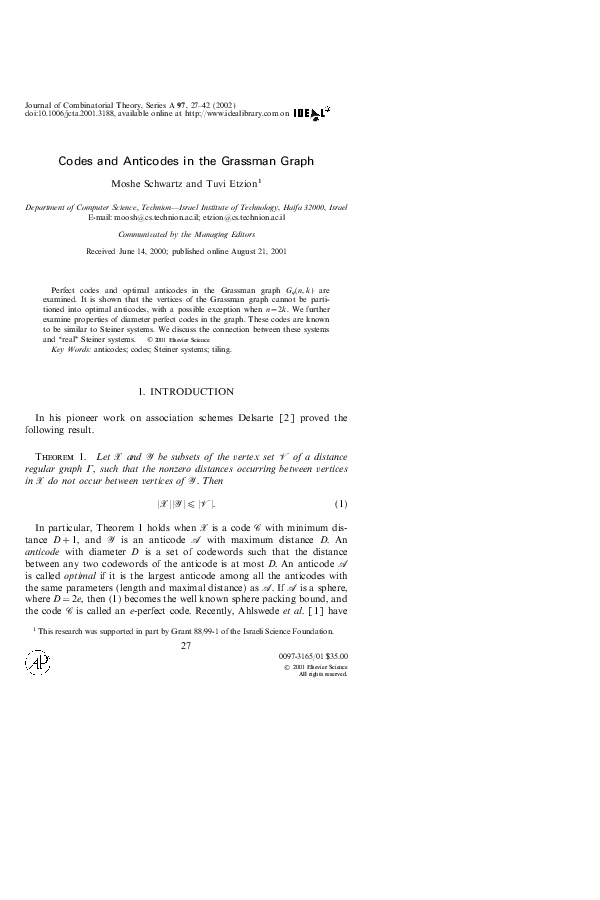 (PDF) Codes and Anticodes in the Grassman Graph