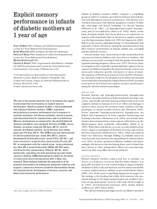 (PDF) Explicit memory performance in infants of diabetic mothers at 1 ...