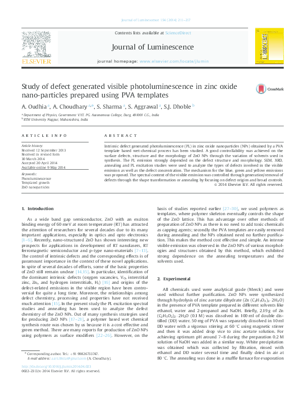 (PDF) Study of defect generated visible photoluminescence in zinc oxide ...