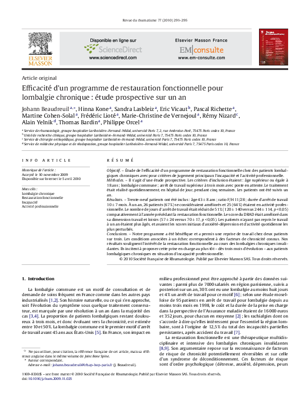 (PDF) Efficacité d’un programme de restauration fonctionnelle pour lombalgie chronique : étude ...