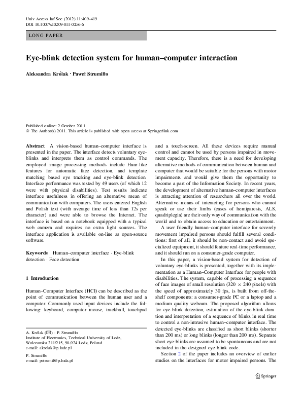 Pdf Eye Blink Detection System For Humancomputer Interaction