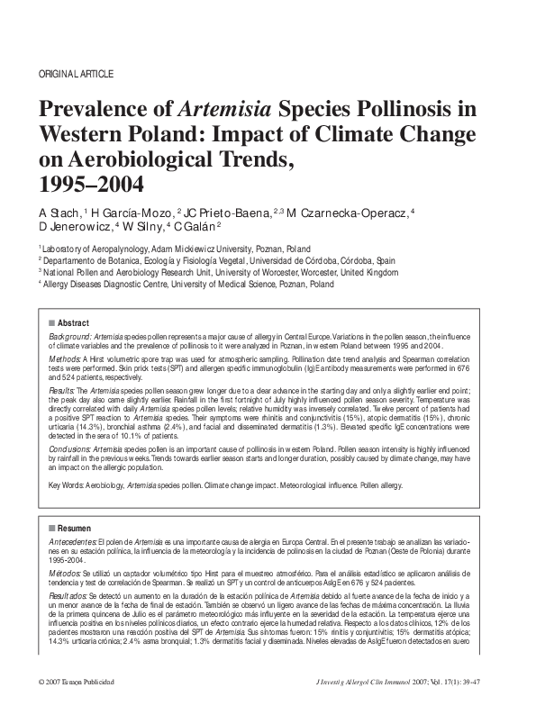 (PDF) Prevalence of Artemisia species pollinosis in western Poland ...