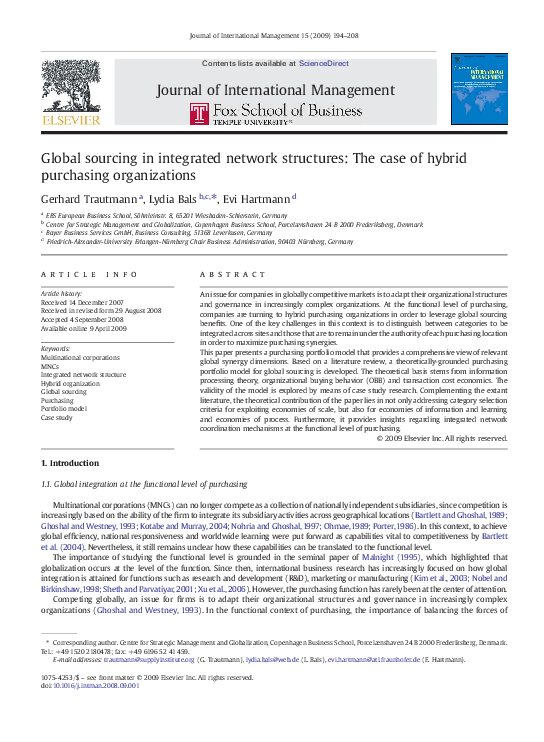 (PDF) Global sourcing in integrated network structures: The case of ...