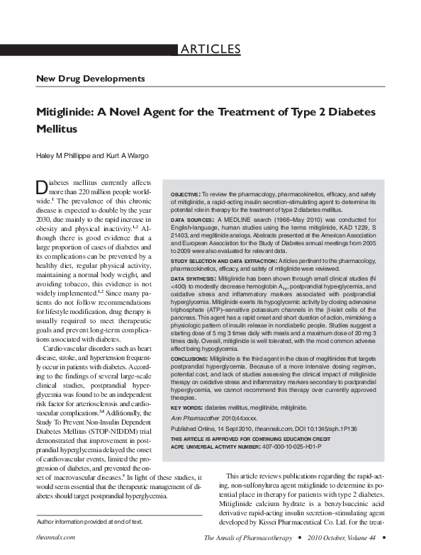 (PDF) Mitiglinide: A Novel Agent for the Treatment of Type 2 Diabetes ...