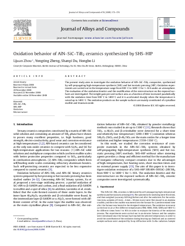 (PDF) Oxidation behavior of AlN–SiC–TiB2 ceramics synthesized by SHS–HIP