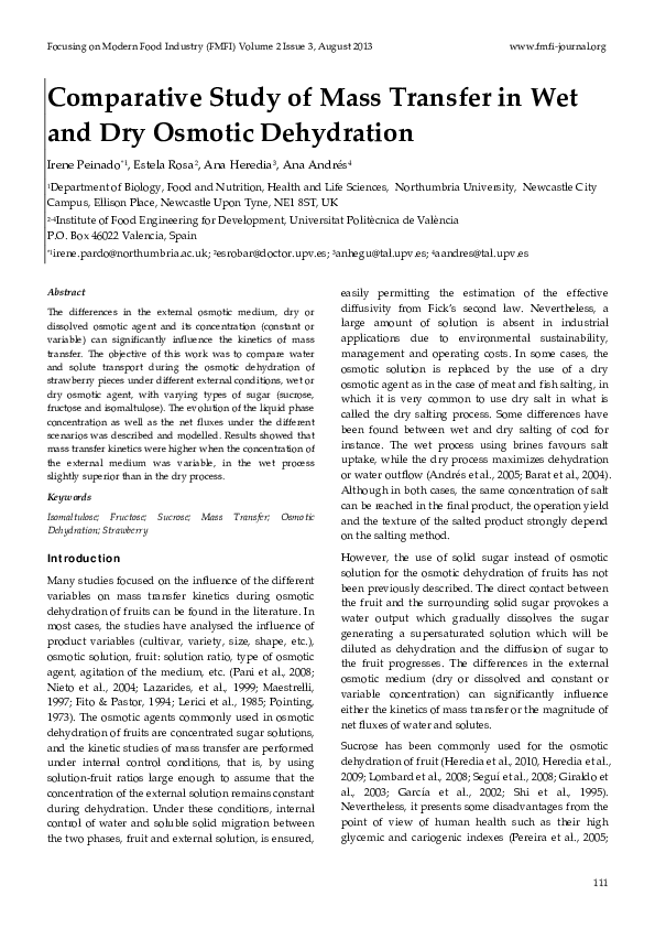 (PDF) Comparative Study of Mass Transfer in Wet and Dry Osmotic Dehydration