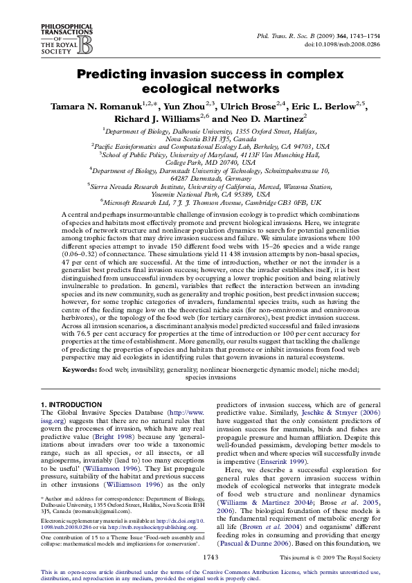 (PDF) Predicting invasion success in complex ecological networks