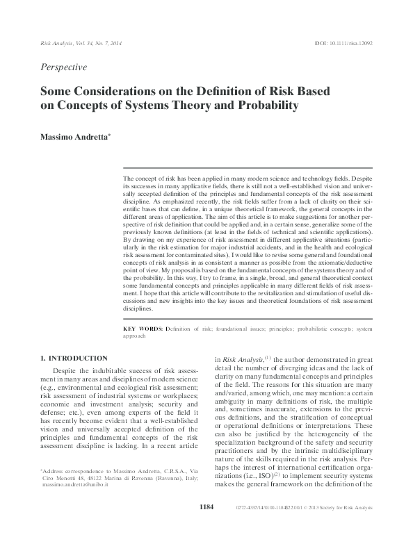 (PDF) Some Considerations on the Definition of Risk Based on Concepts ...