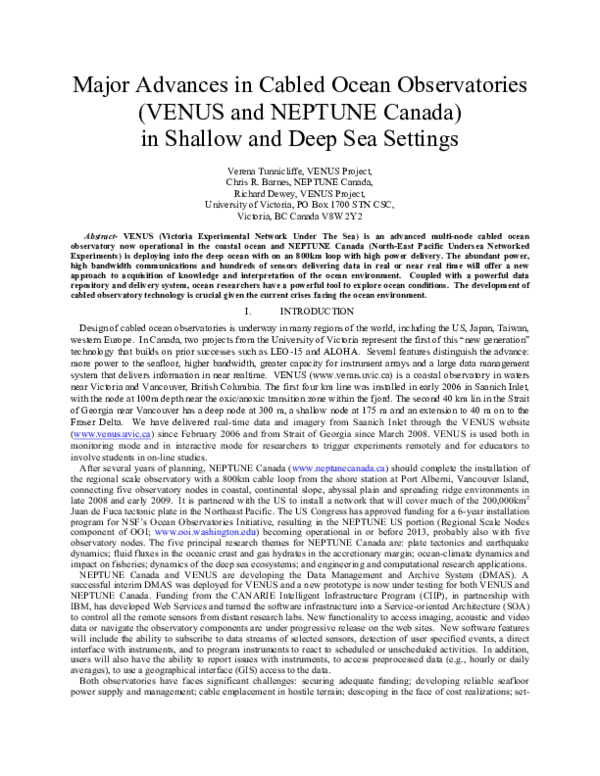 (PDF) Major advances in cabled ocean observatories (VENUS and NEPTUNE ...