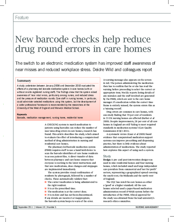 (PDF) New barcode checks help reduce drug round errors in care homes | Deidre Wild - Academia.edu