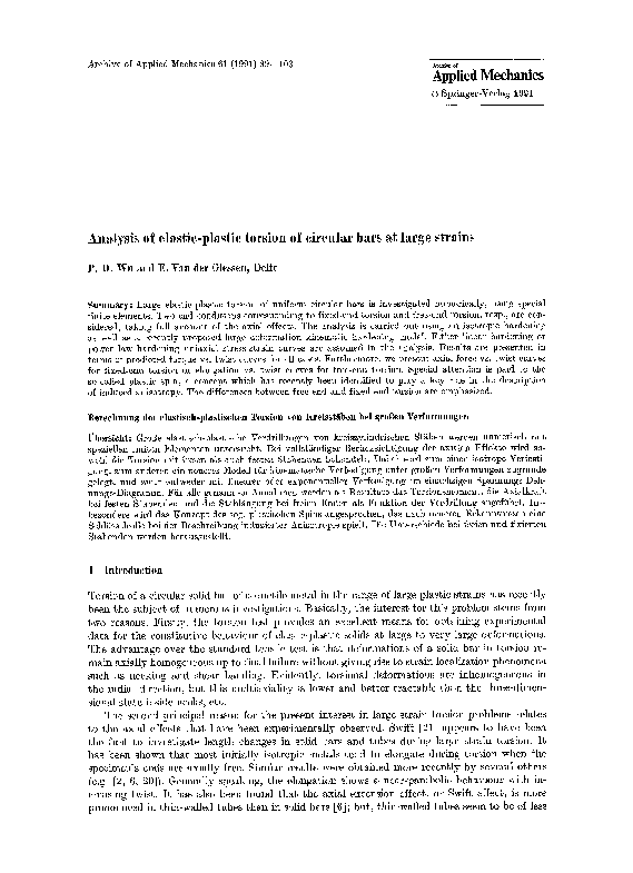 (PDF) Analysis of elastic-plastic torsion of circular bars at large strains