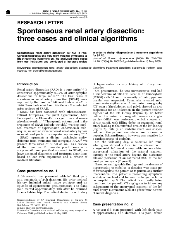 (PDF) Spontaneous renal artery dissection: three cases and clinical ...