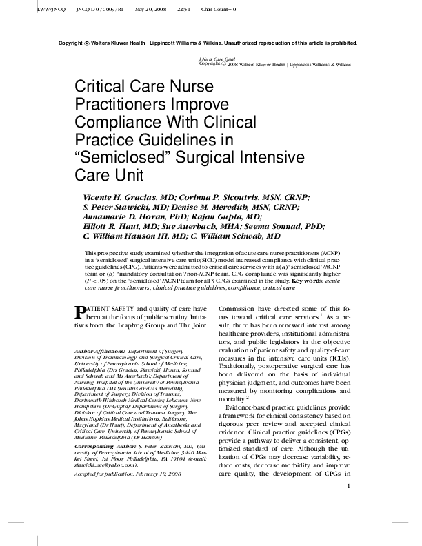 (PDF) Critical Care Nurse Practitioners Improve Compliance With ...