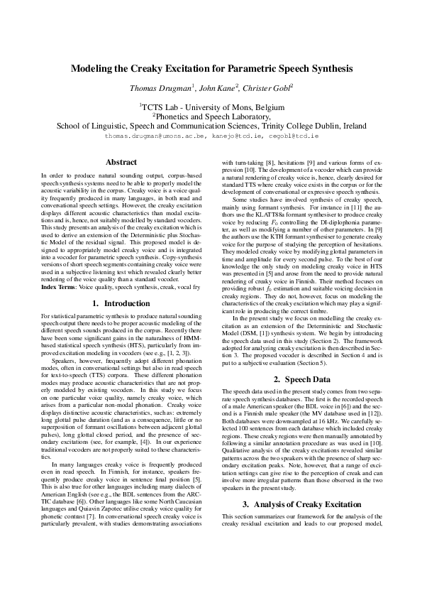 (PDF) Modeling the Creaky Excitation for Parametric Speech Synthesis | Thomas Drugman - Academia.edu