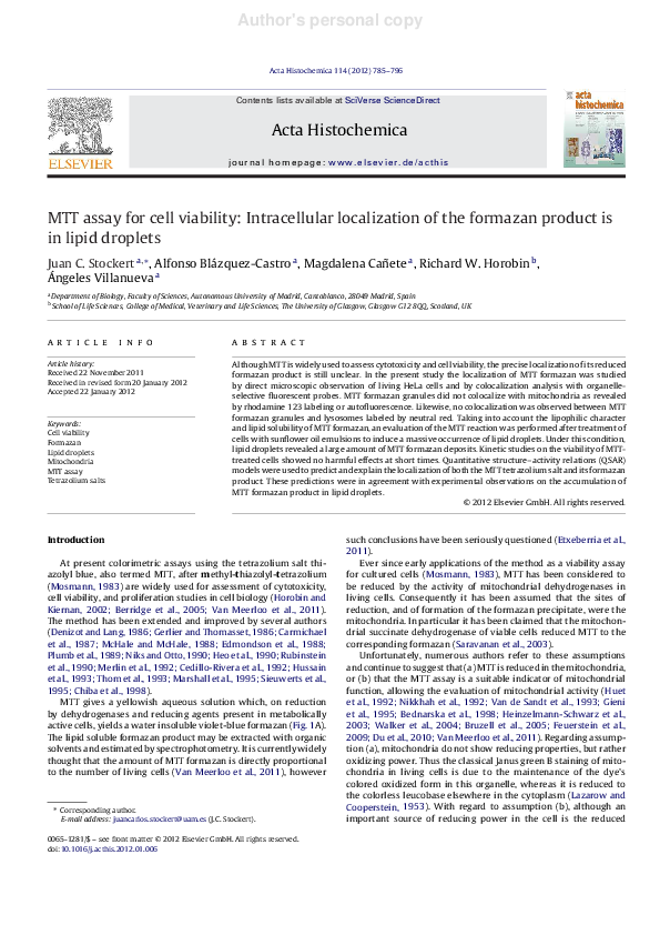 (PDF) MTT assay for cell viability: Intracellular localization of the formazan product is in ...