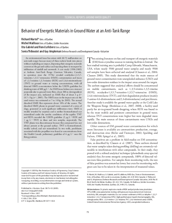 (PDF) Behavior of Energetic Materials in Ground Water at an Anti-Tank ...